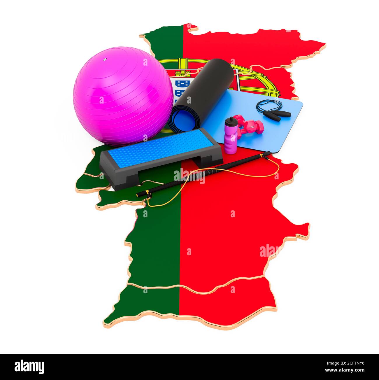 Fitness in Portugal. Gym equipments on Portuguese map. 3D rendering ...