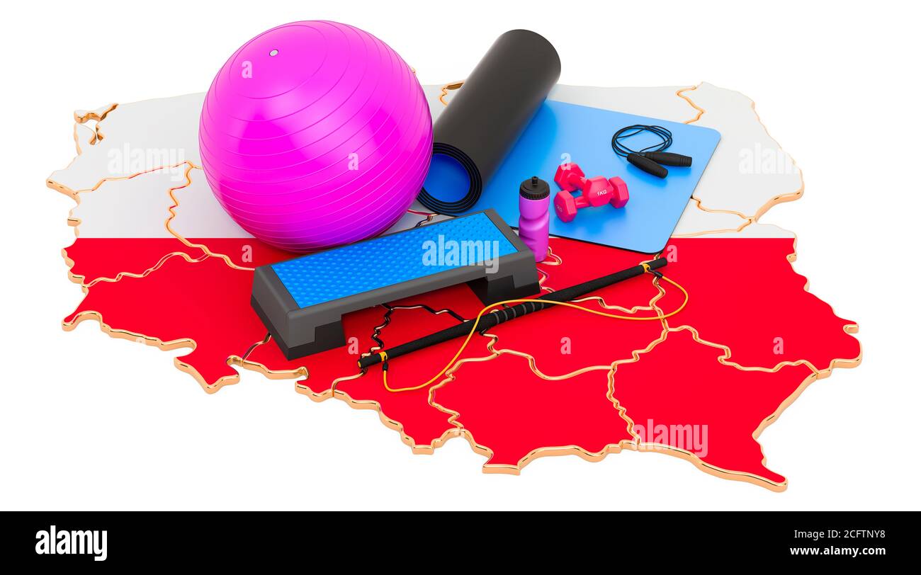 Fitness in Poland. Gym equipments on Polish map. 3D rendering isolated ...