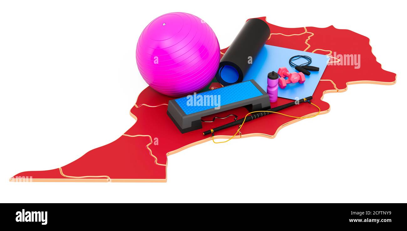 Fitness in Morocco. Gym equipments on Moroccan map. 3D rendering ...