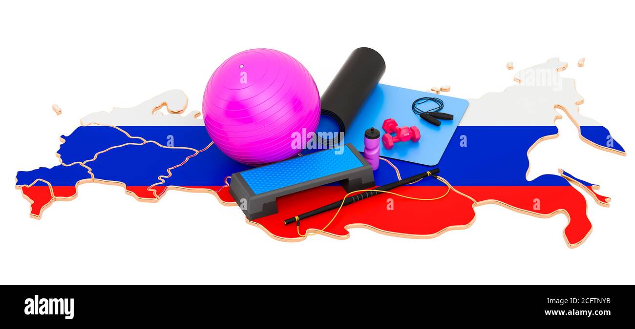 Fitness in Russia. Gym equipments on Russian map. 3D rendering isolated ...