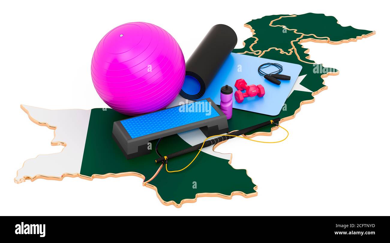 Fitness in Pakistan. Gym equipments on Pakistani map. 3D rendering ...