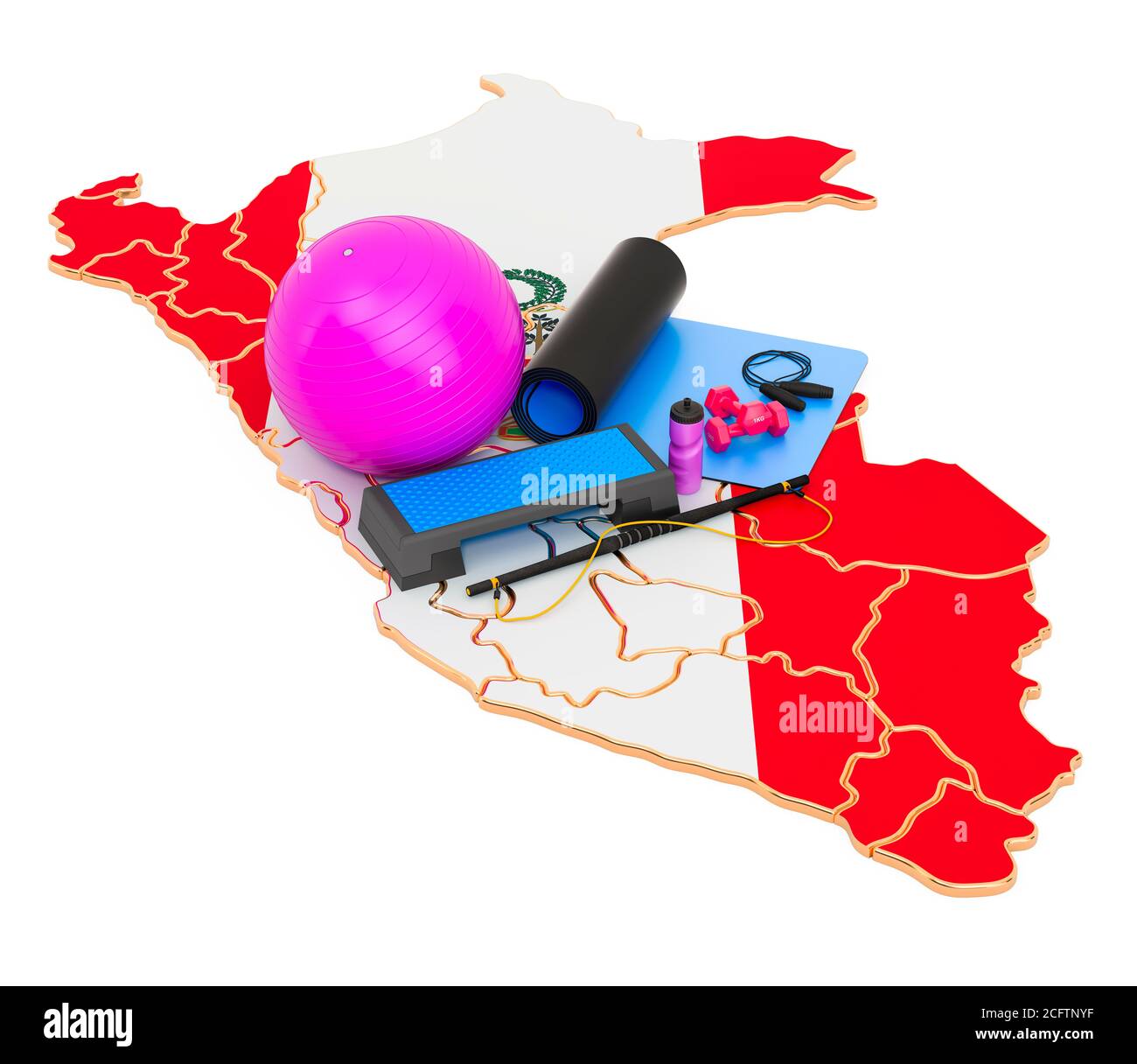 Fitness in Peru. Gym equipments on Peruvian map. 3D rendering isolated ...