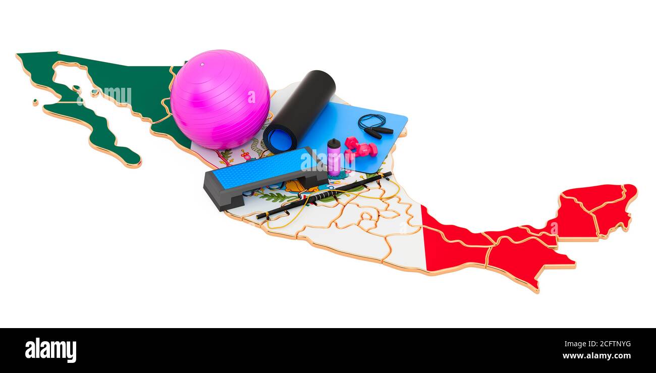 Fitness in Mexico. Gym equipments on Mexican map. 3D rendering isolated ...