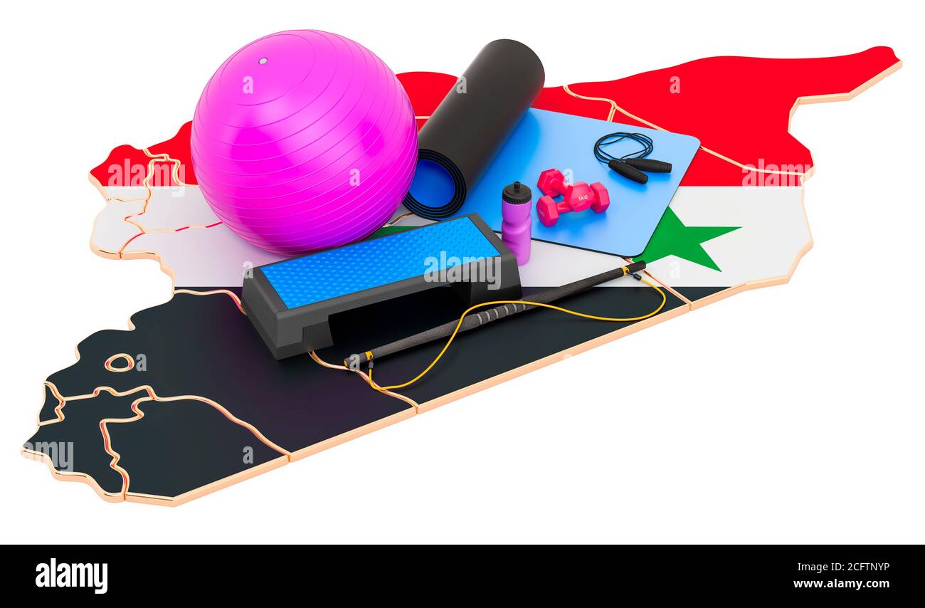 Fitness in Syria. Gym equipments on Syrian map. 3D rendering isolated ...