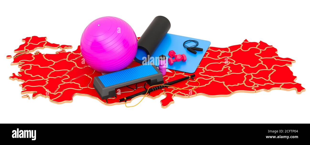 Fitness in Turkey. Gym equipments on Turkish map. 3D rendering isolated ...