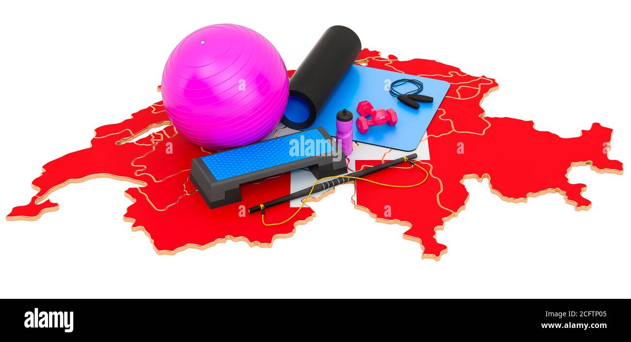 Fitness in Switzerland. Gym equipments on Swiss map. 3D rendering ...