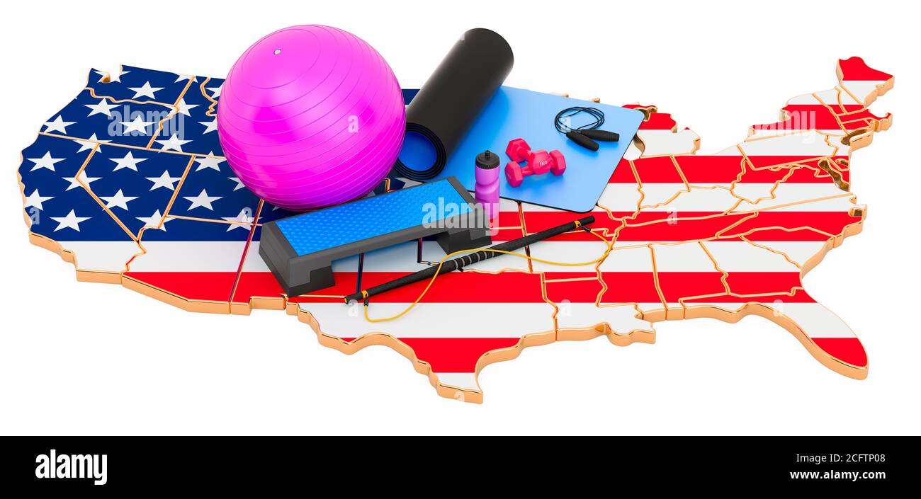 Fitness in the USA. Gym equipments on American map. 3D rendering ...