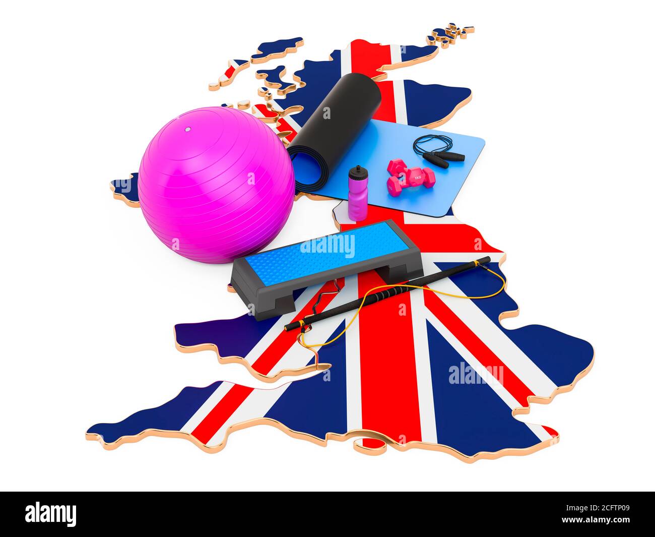 Fitness in United Kingdom. Gym equipments on British map. 3D rendering ...