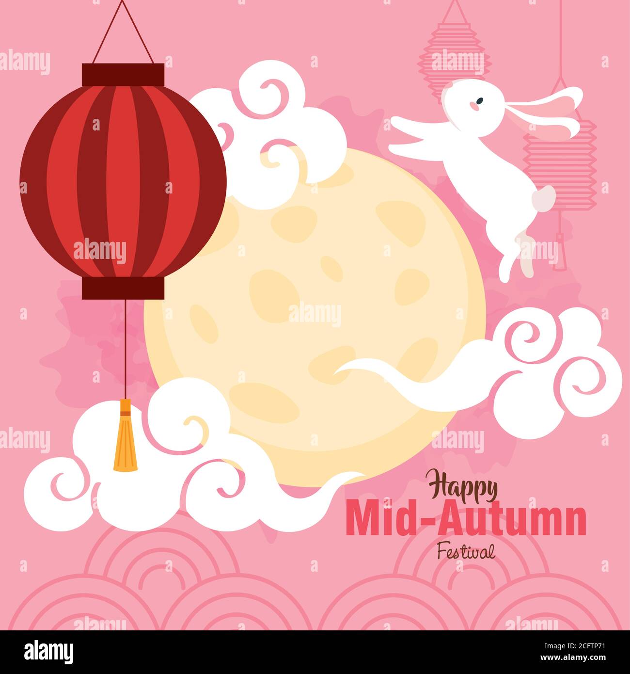 chinese mid autumn festival with bunny, full moon, clouds and lanterns ...