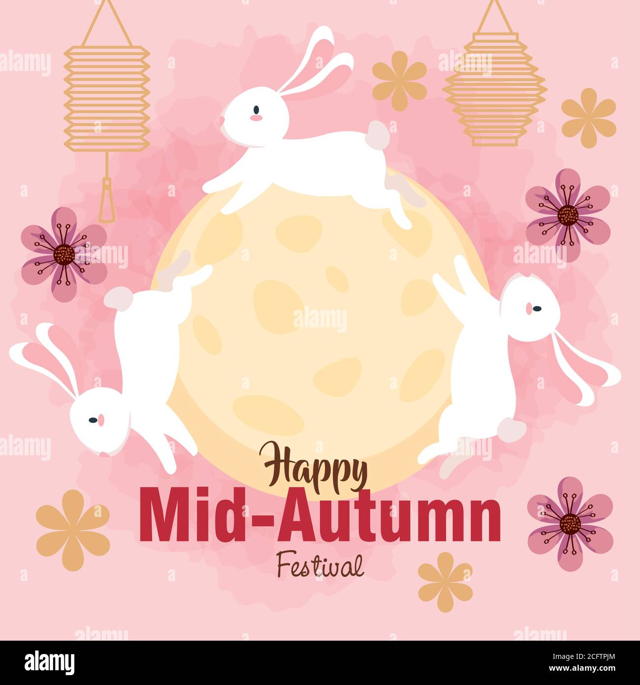 chinese mid autumn festival with rabbits, full moon, flowers and ...