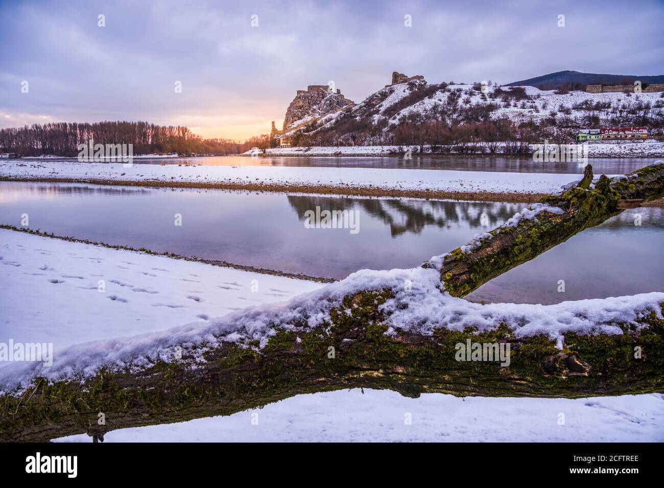 Snow Covered Devin Castle Ruins above the Danube River in Bratislava ...