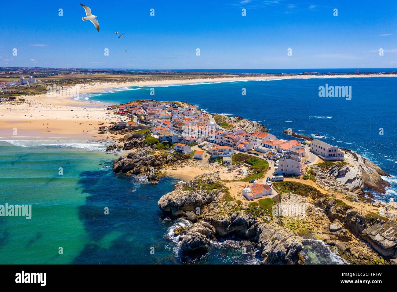 Aerial view of island Baleal naer Peniche on the shore of the ocean in ...