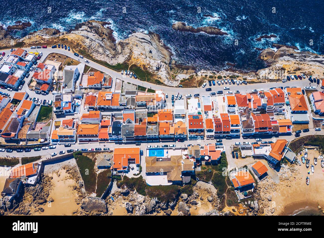 Aerial view of island Baleal naer Peniche on the shore of the ocean in ...