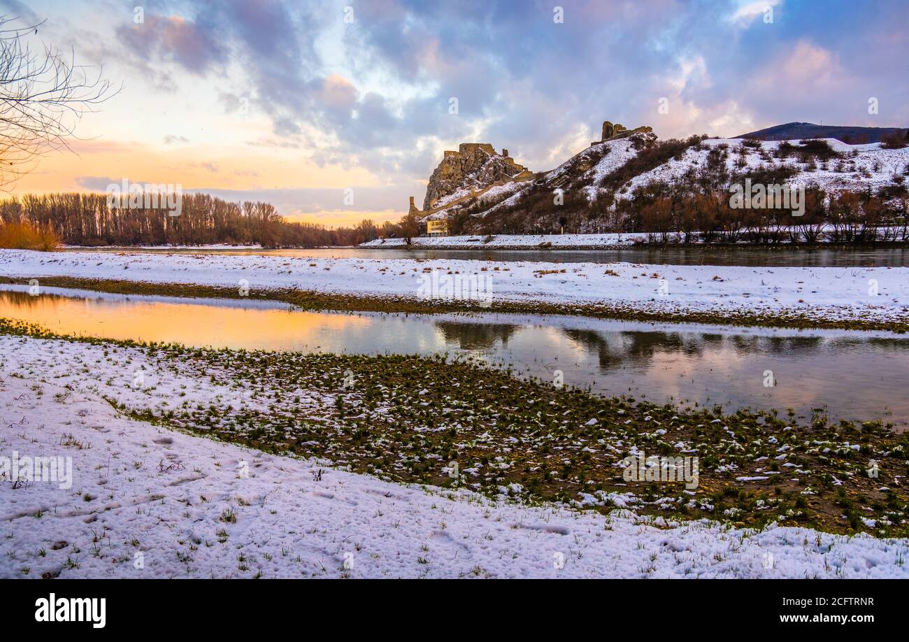 Snow Covered Devin Castle Ruins above the Danube River in Bratislava ...