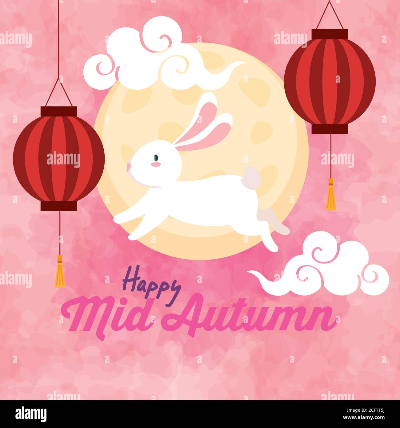 chinese mid autumn festival with rabbit, full moon, clouds and lanterns ...