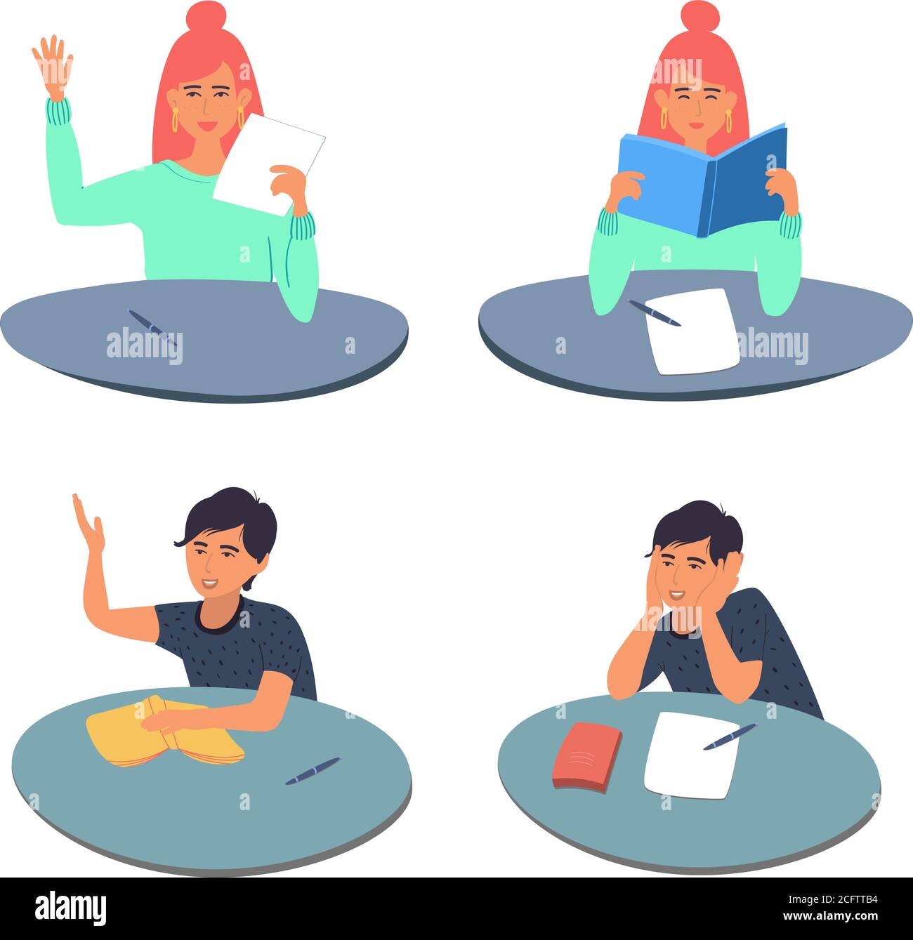 University students reading book desk Stock Vector Images - Alamy