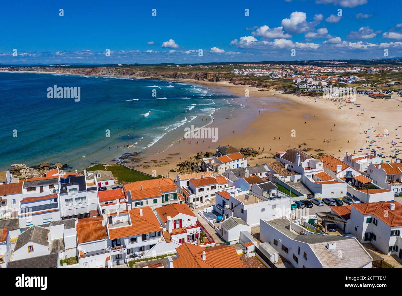 Aerial view of island Baleal naer Peniche on the shore of the ocean in ...