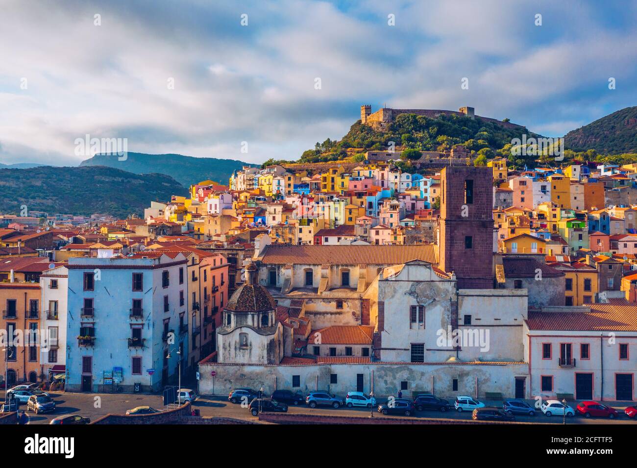 Aerial view of the beautiful village of Bosa with colored houses and a ...