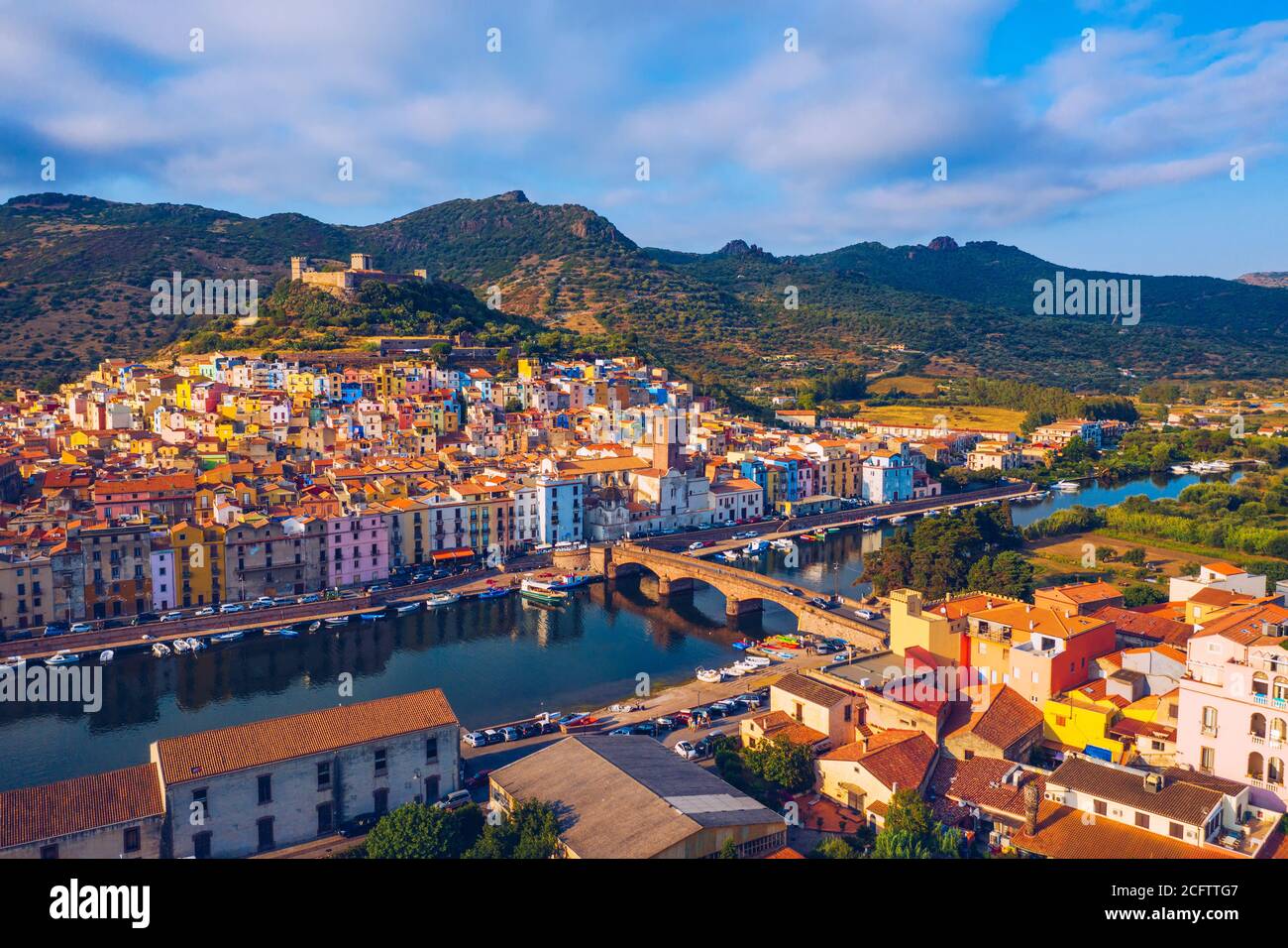 Aerial view of the beautiful village of Bosa with colored houses and a ...