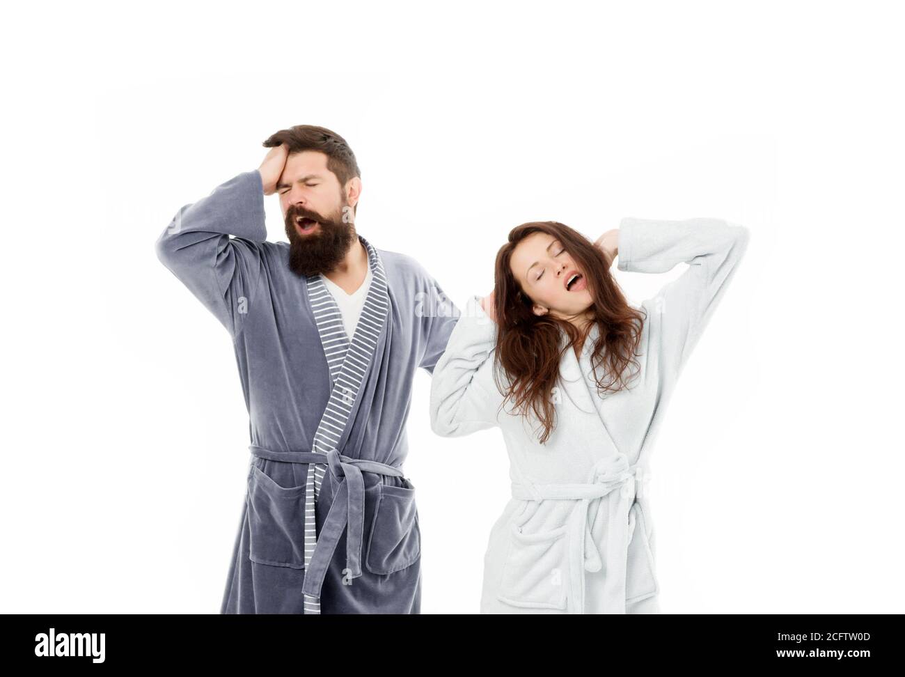 Insomnia effects. Sleepy people white background. Couple in love ...