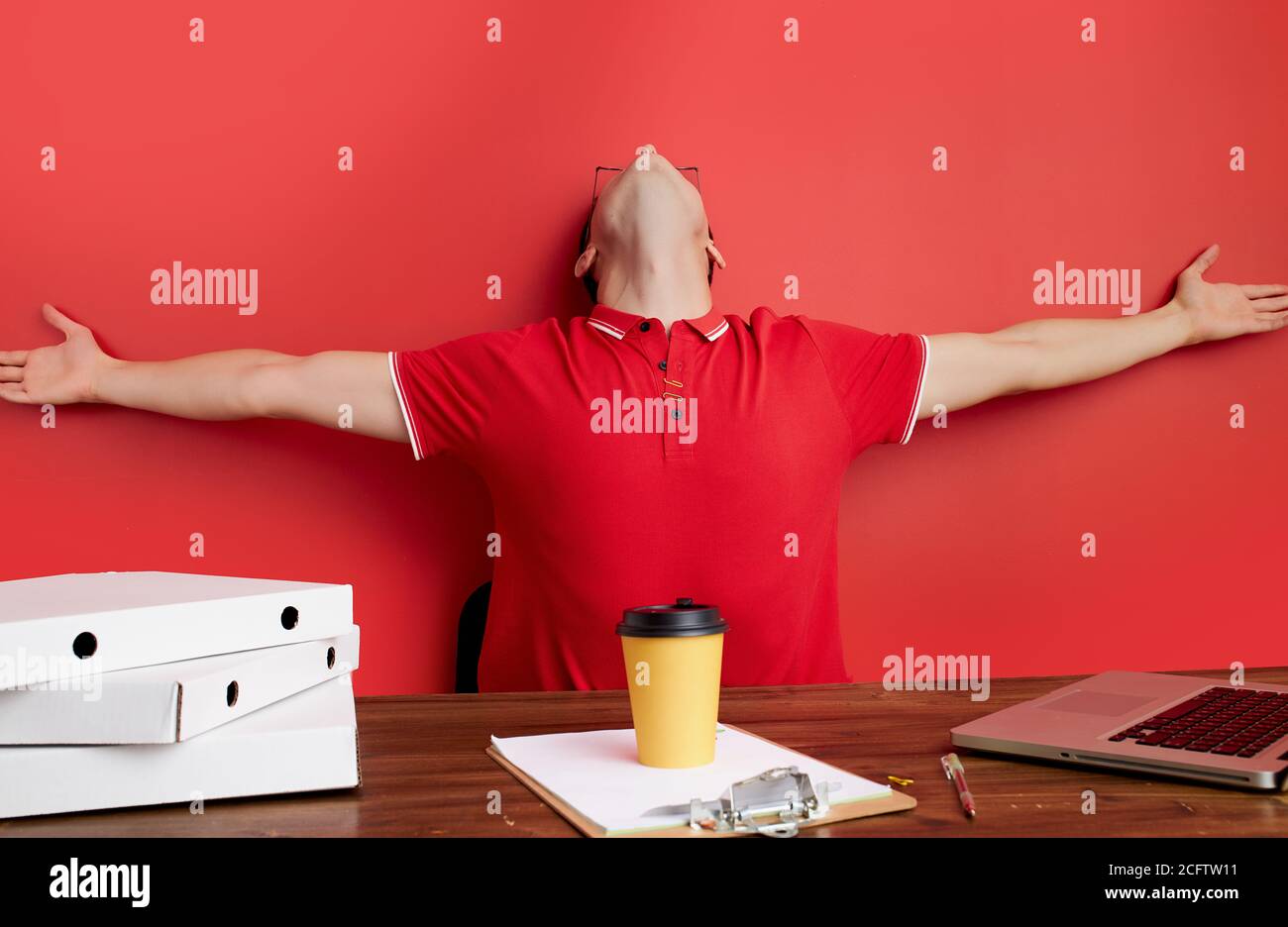 happy free male has no more work, feel freedom, have rest in the office ...