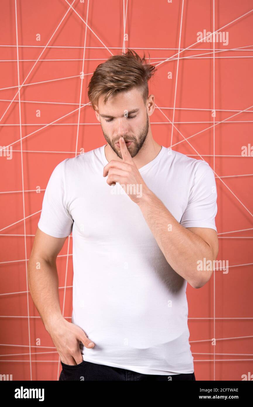 Guy bearded attractive shows silence gesture. Secret concept. Man with ...