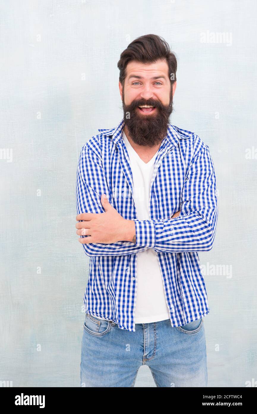 Bearded man with unshaven beard hair happy smiling in casual style ...