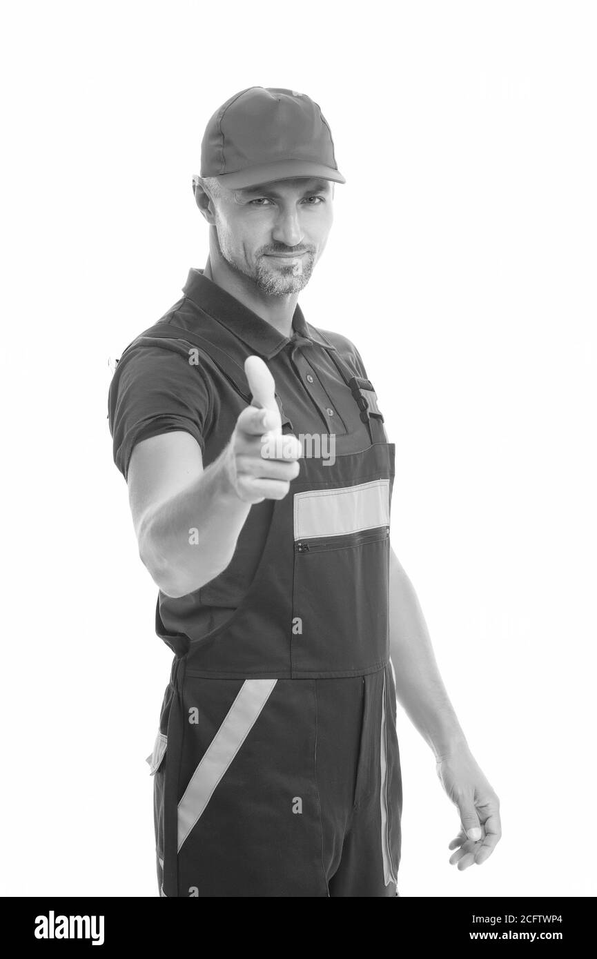 man wear working overall. handsome worker in uniform. building engineer ...