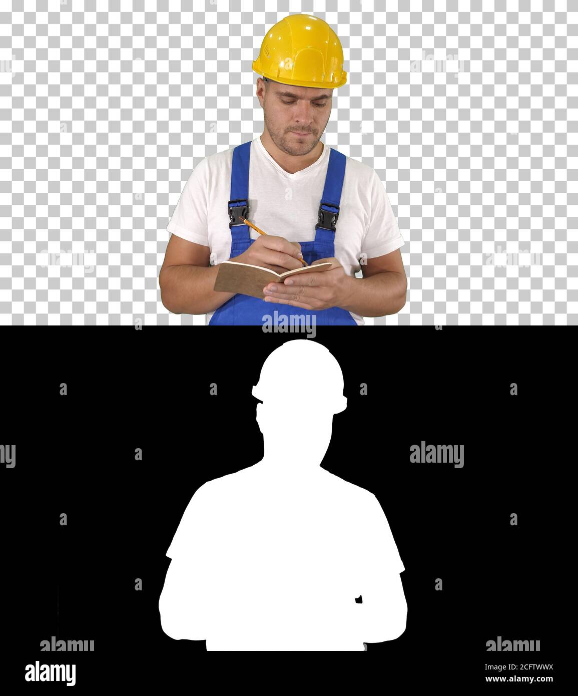 Construction worker writing to do list or checklist, Alpha Channel ...