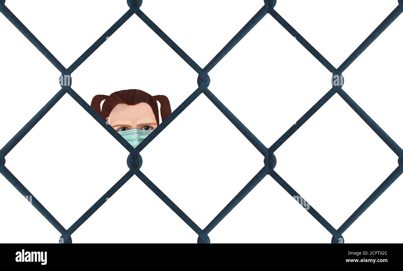 A child’s face with a medical mask is seen through the opening in a ...