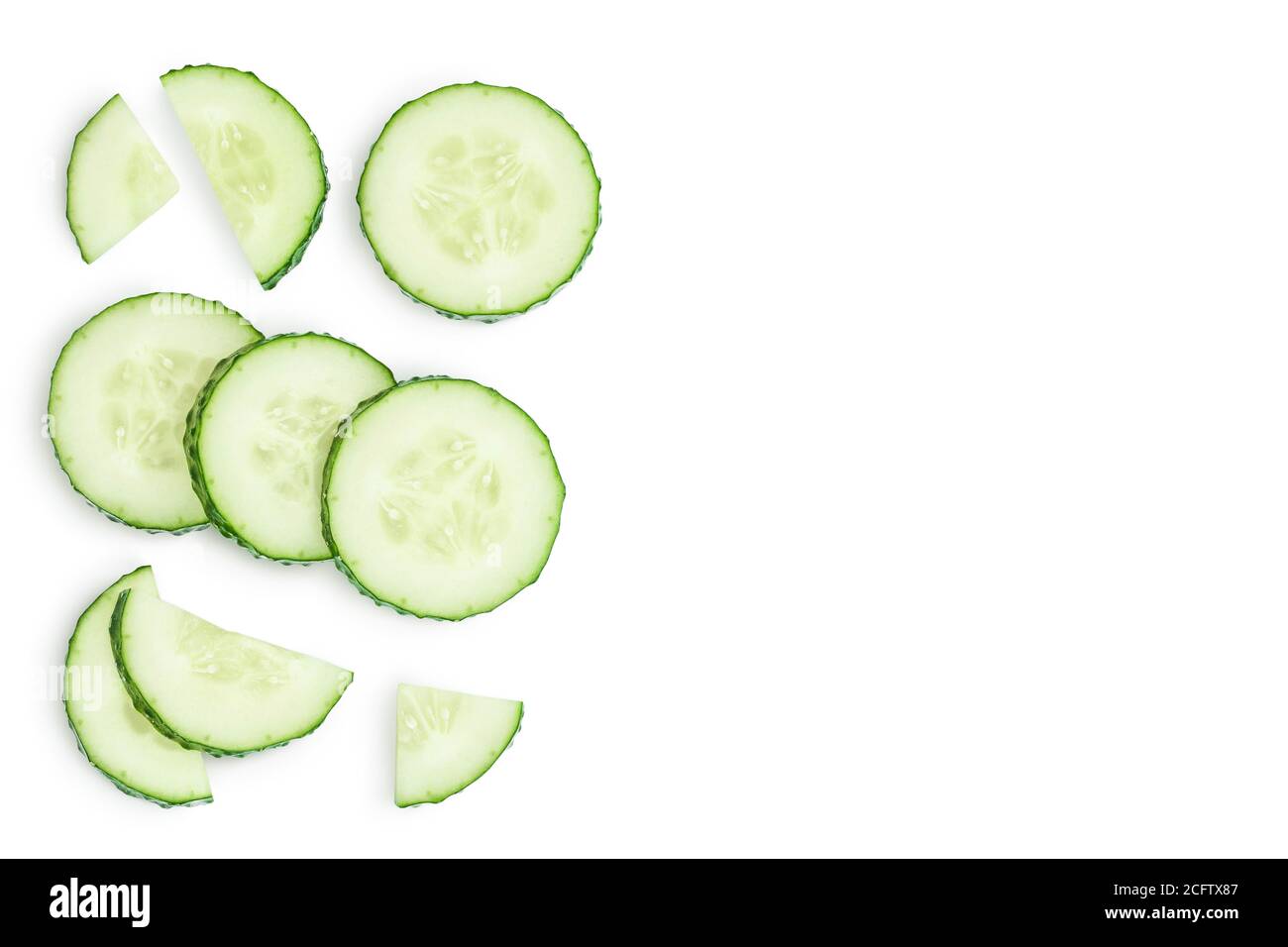 Sliced cucumber isolated on white background with clipping path and full depth of field, Top ...