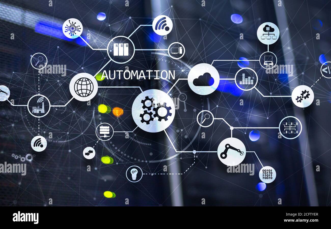 Business process automation concept on blurred network cabinets. New ...