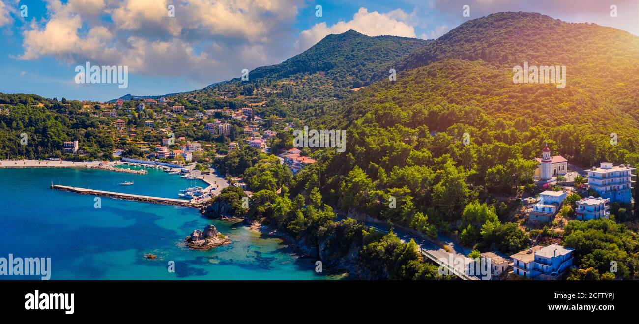 Aerial view of city of Poros, Kefalonia island in Greece. Poros city in ...