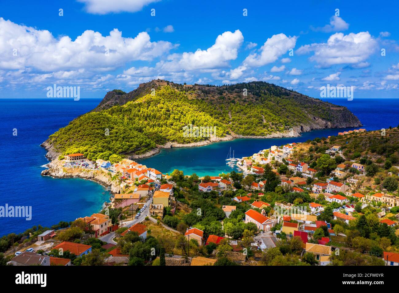 Assos village in Kefalonia, Greece. Turquoise colored bay in ...