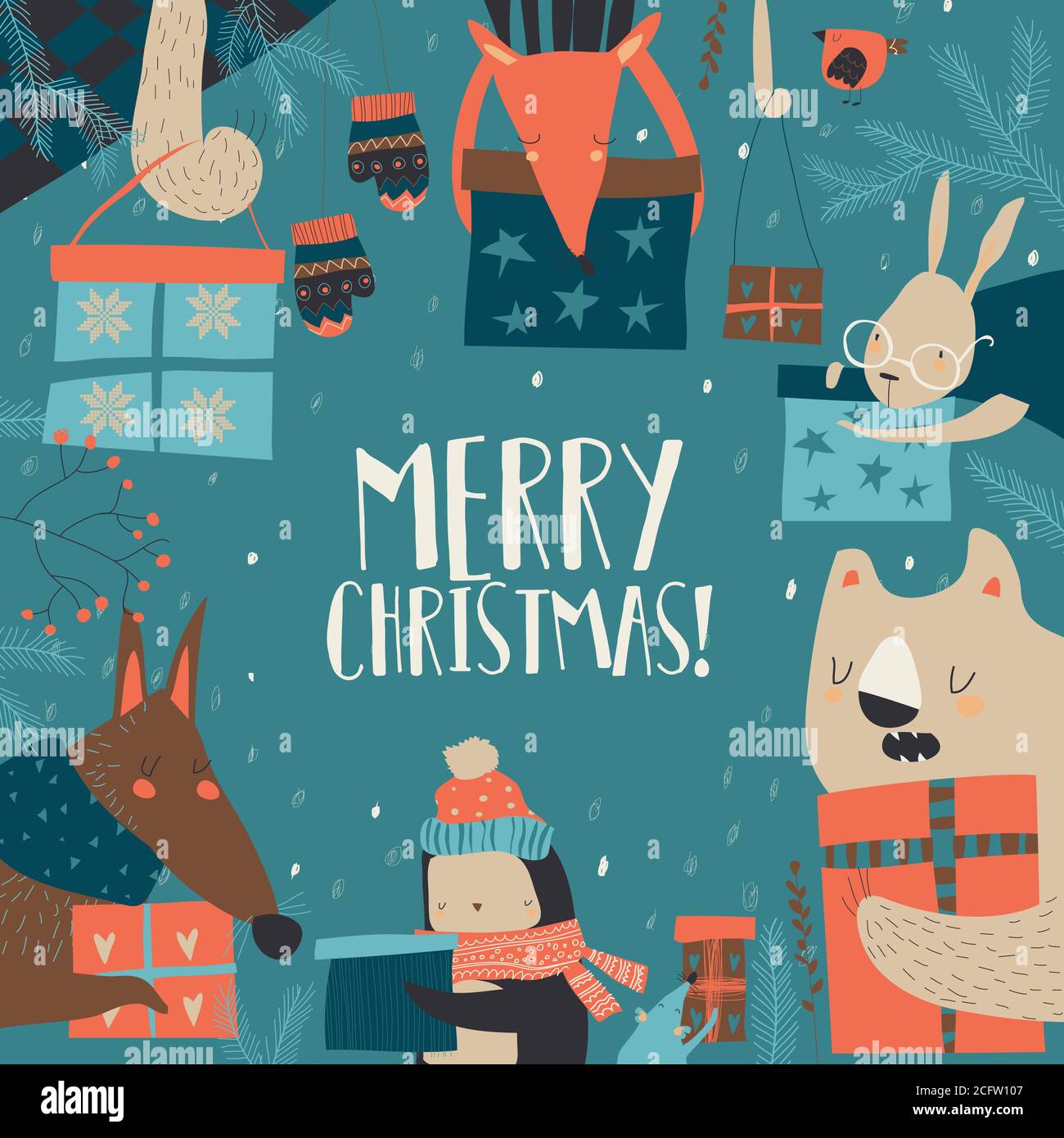Cartoon happy animals holding Christmas presents. Happy holidays Stock ...