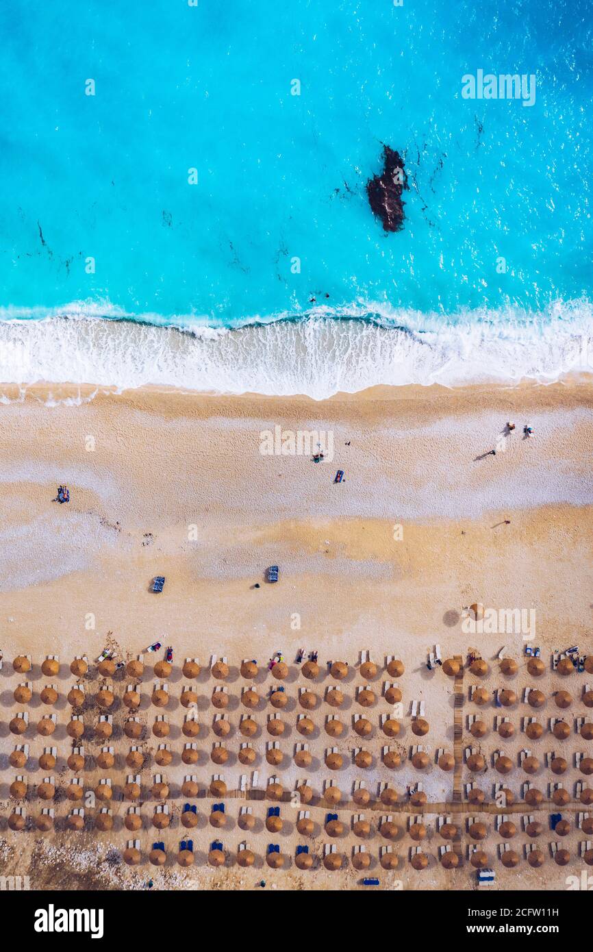 View from above, stunning aerial view of an amazing beach with beach ...