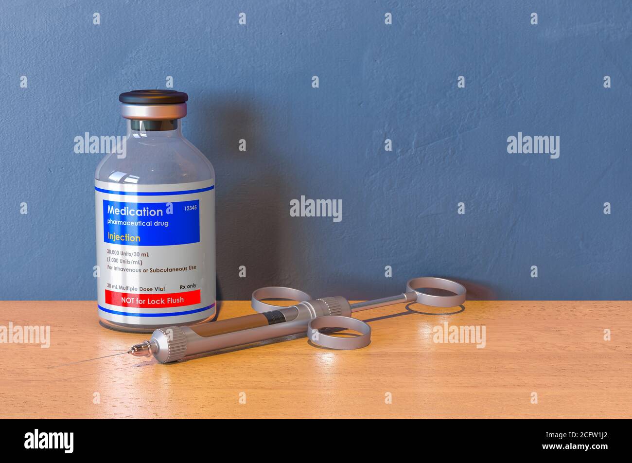 Syringe and medicament bottles with drug for injection on the wooden ...