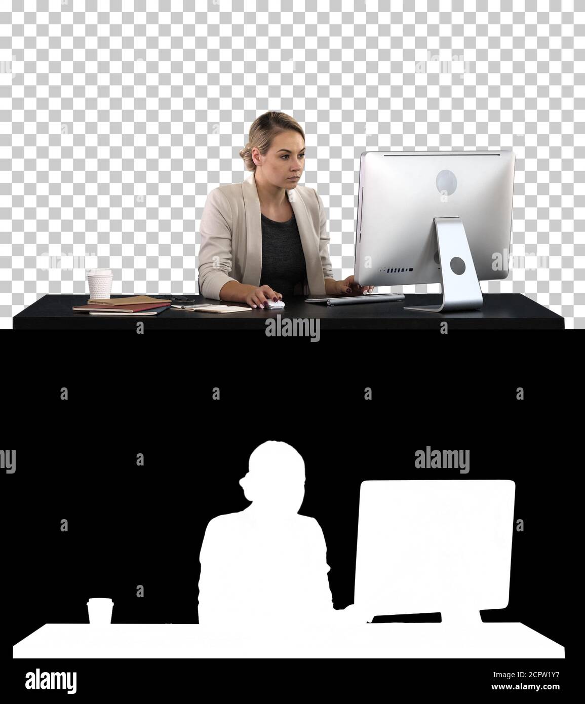 Beautiful blonde woman working on computer, Alpha Channel Stock Photo ...