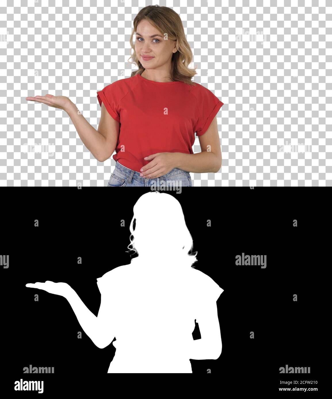 Woman presenting product with her hand showing to side, Alpha Channel ...