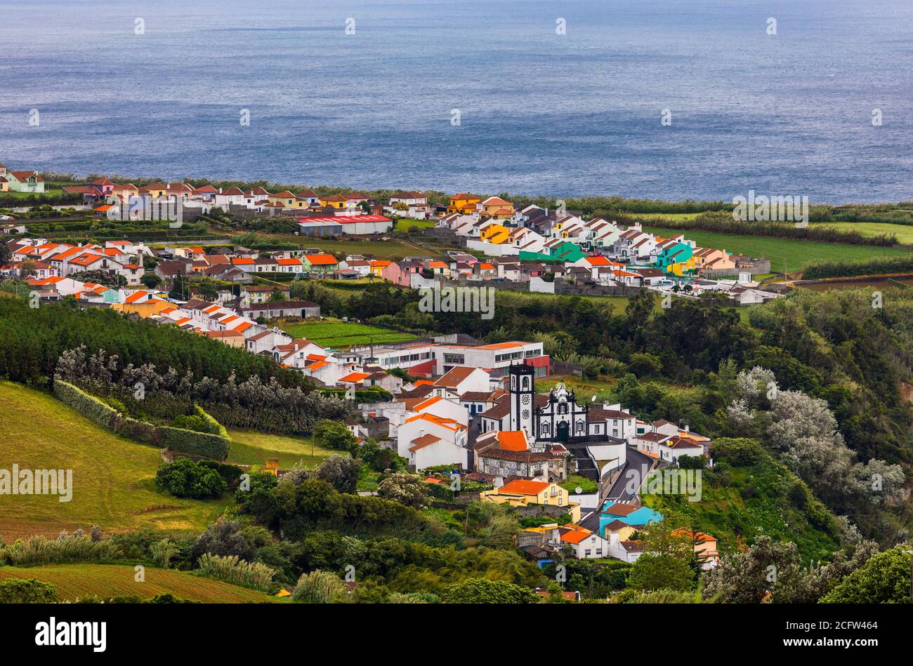 Beautiful nature view on Azores with small villages, tows, green nature ...