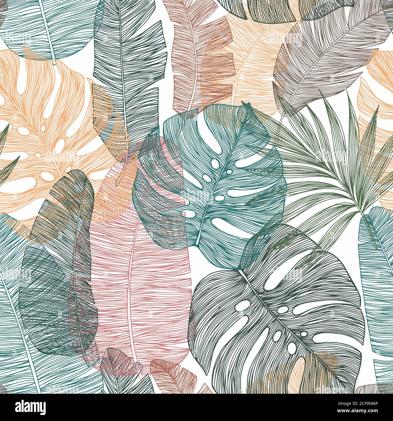 Seamless pattern with tropical leaves. Vector illustration. Hand ...