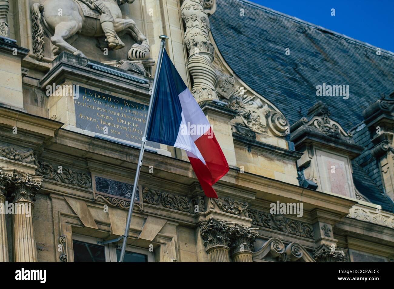 Reims France September 07, 2020 View of the French flag in the downtown ...