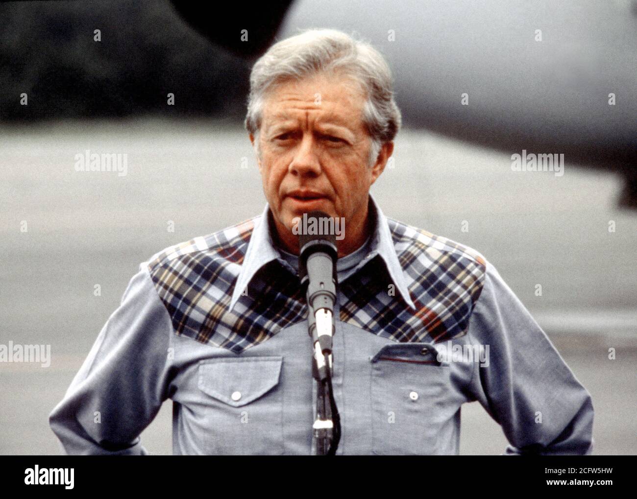 1980 - President Jimmy Carter addresses newsmen during his visit to the ...
