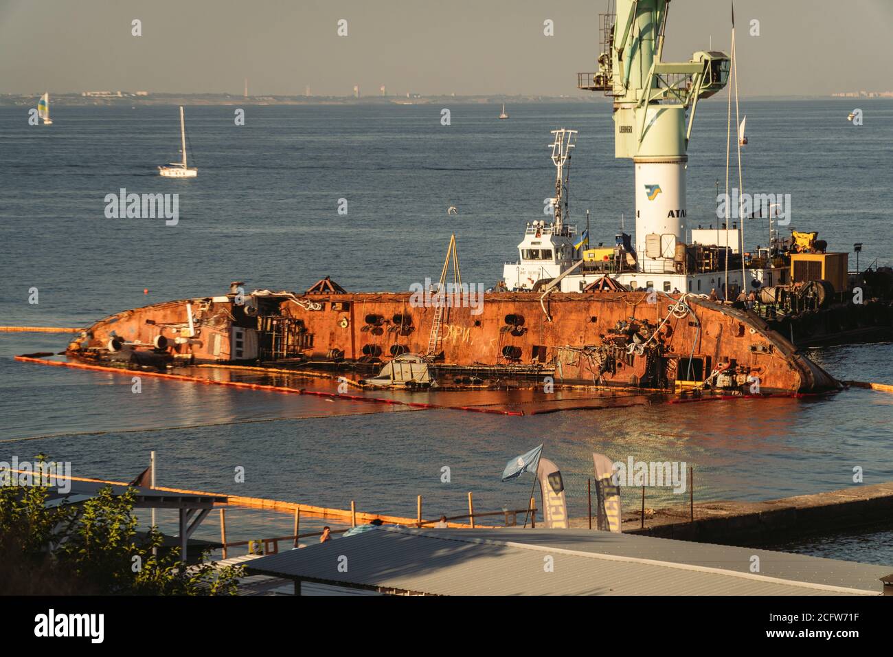 The wreck of tanker Delfi on Odessa beach. Ecological disaster, oil ...