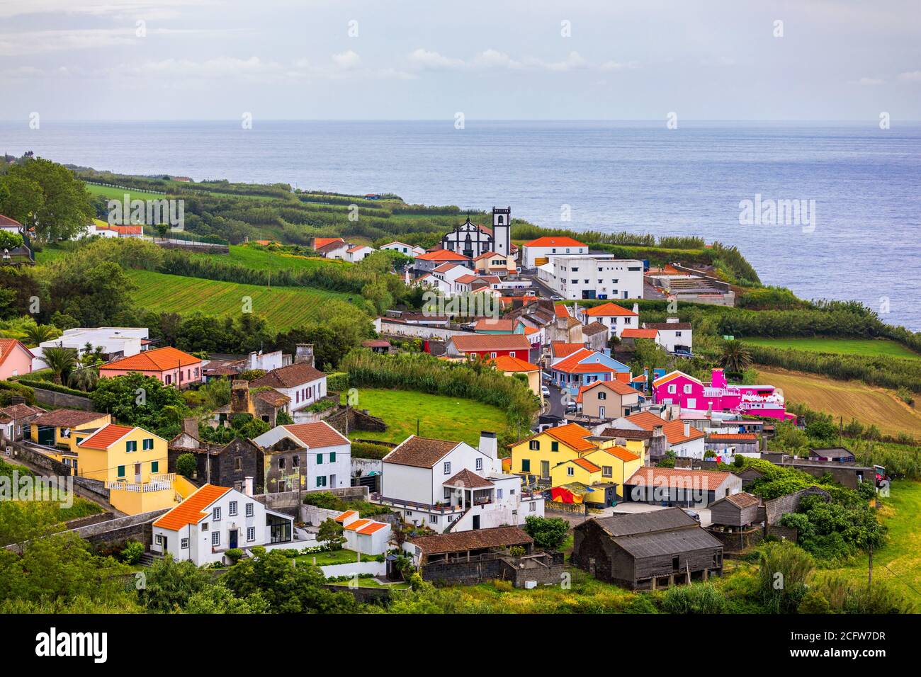Beautiful nature view on Azores with small villages, tows, green nature ...