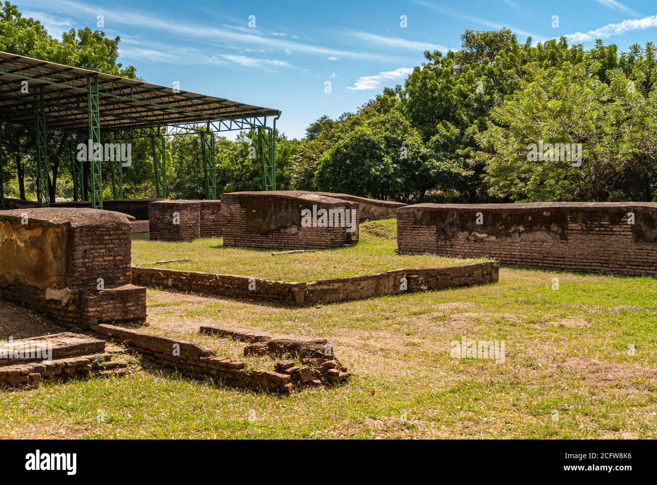 Leon, Nicaragua - November 27, 2008: Park setting of low brick walls at ...
