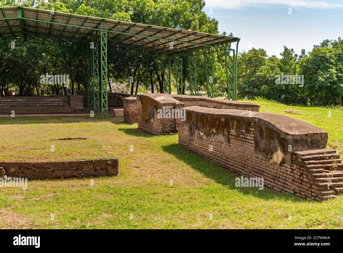 Leon, Nicaragua - November 27, 2008: Park setting of low brick walls at ...