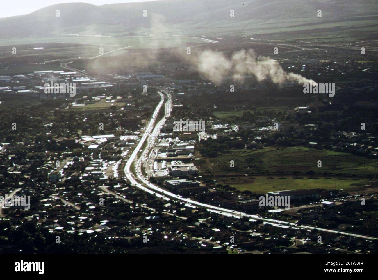 Aerial view of Hawaii H-1 Freeway which has virtually no billboards ...