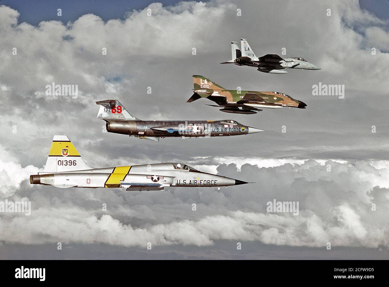 A right side view of an F-15 Eagle, F-4C Phantom II, F-104 Starfighter ...