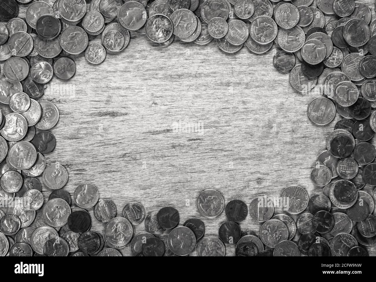 Old wood background with old coins scattered to form frame. Texture ...